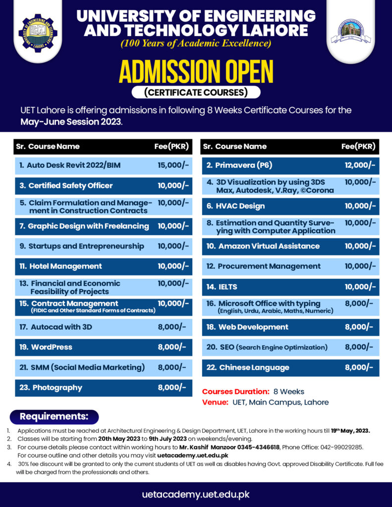 UET Lahore is Offering 8 Weeks Certificate Courses Session May to June