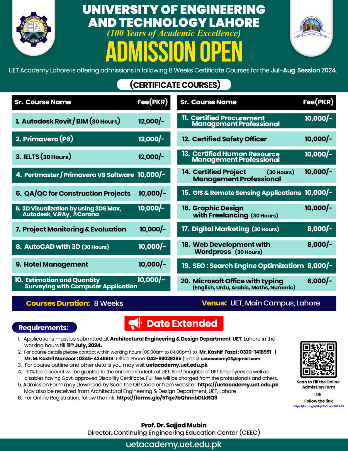 UET Lahore is Offering 8 Weeks Certificate Courses Session May to June